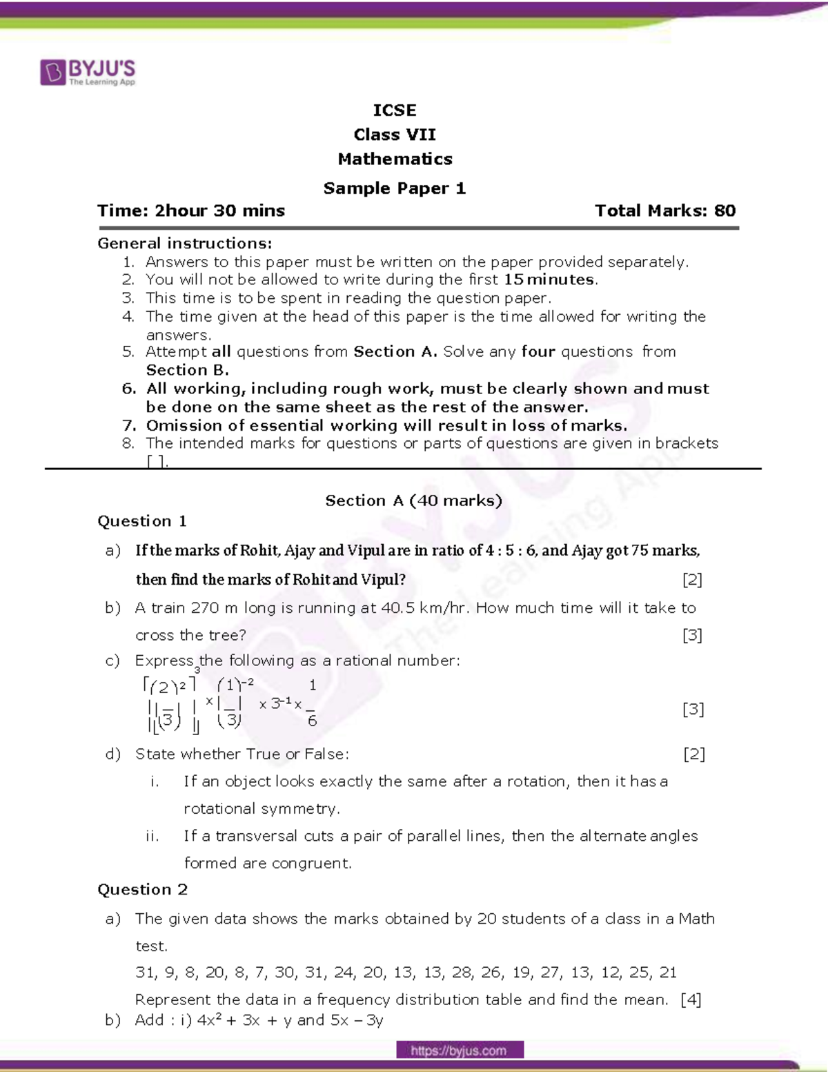 ICSE Class 7 Mathematics Sample paper set 1 - 3 ICSE Class VII ...
