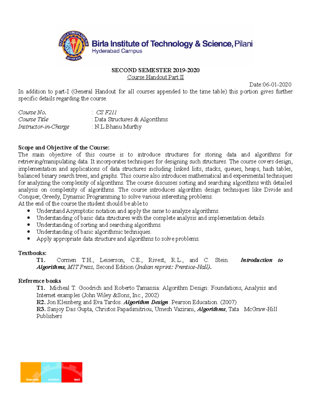 CS F211 - The course handout - SECOND SEMESTER 2019- Course Handout Part II Date:06-01- In ...