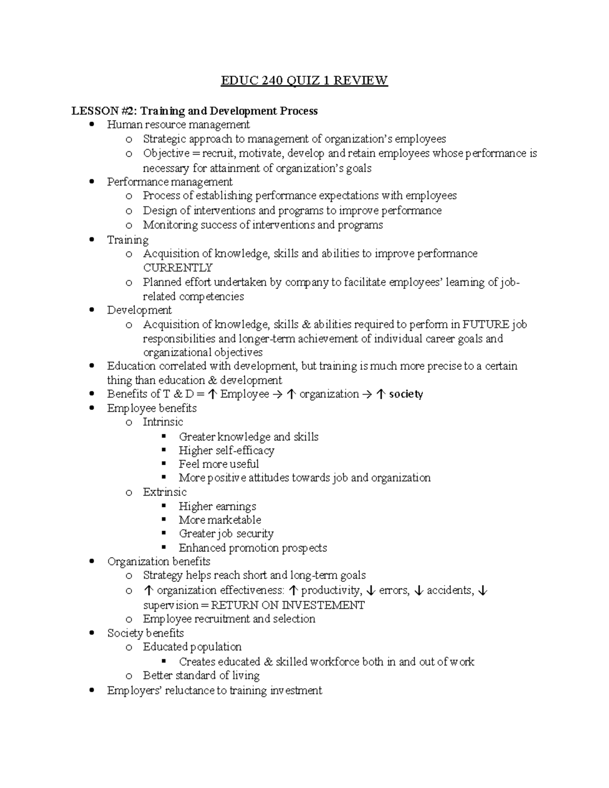 EDUC 240 QUIZ 1 Review - EDUC 240 QUIZ 1 REVIEW LESSON #2: Training and ...