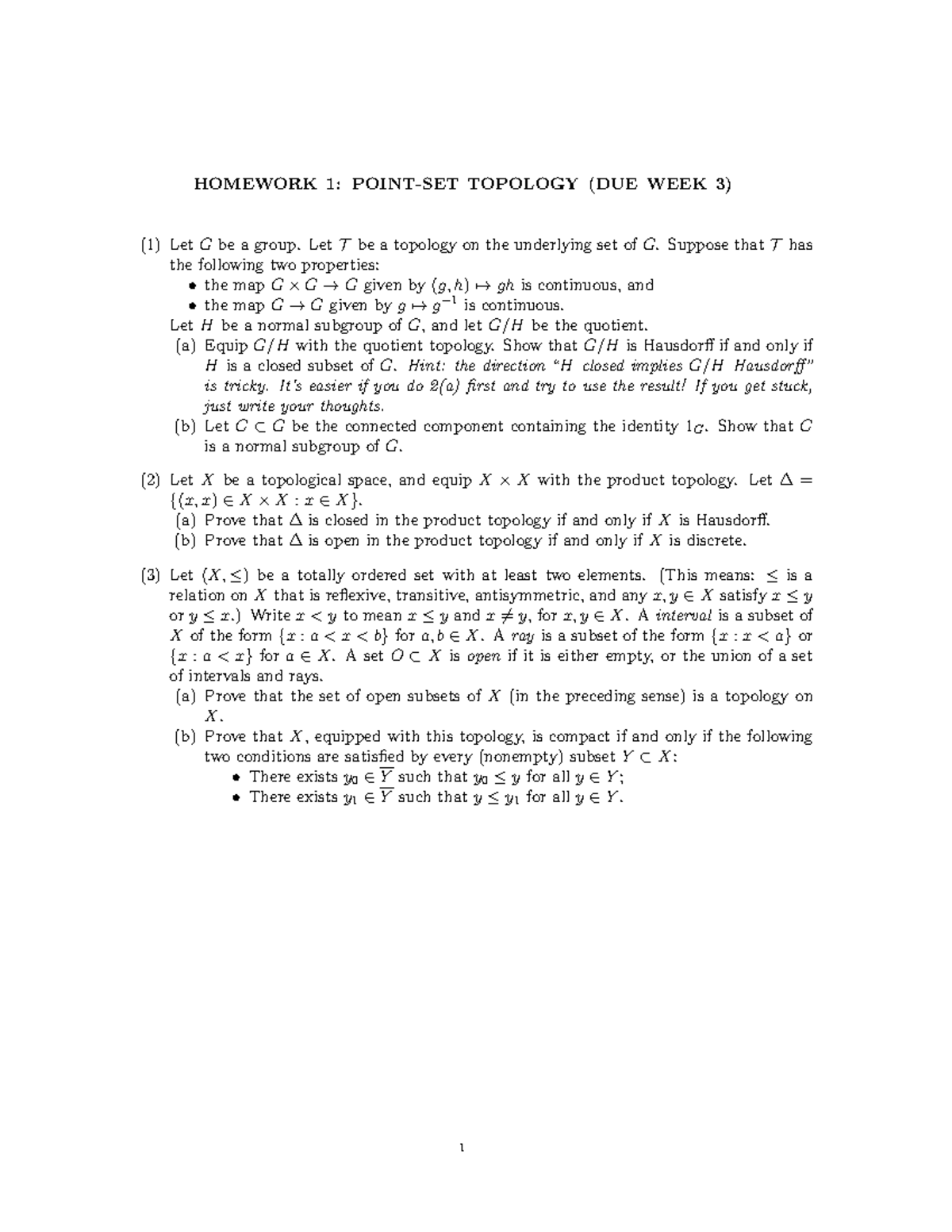 Assessed homework 1 - HOMEWORK 1: POINT-SET TOPOLOGY (DUE WEEK 3) (1 ...