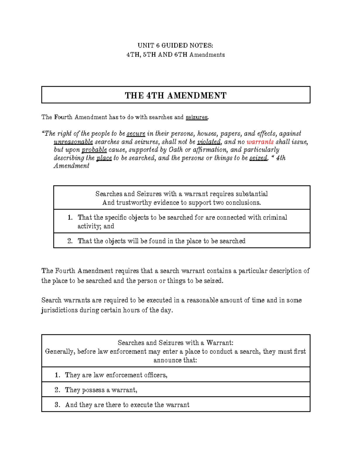 Due Process 4th, 5th, and 6th Amendments - UNIT 6 GUIDED NOTES: 4TH ...