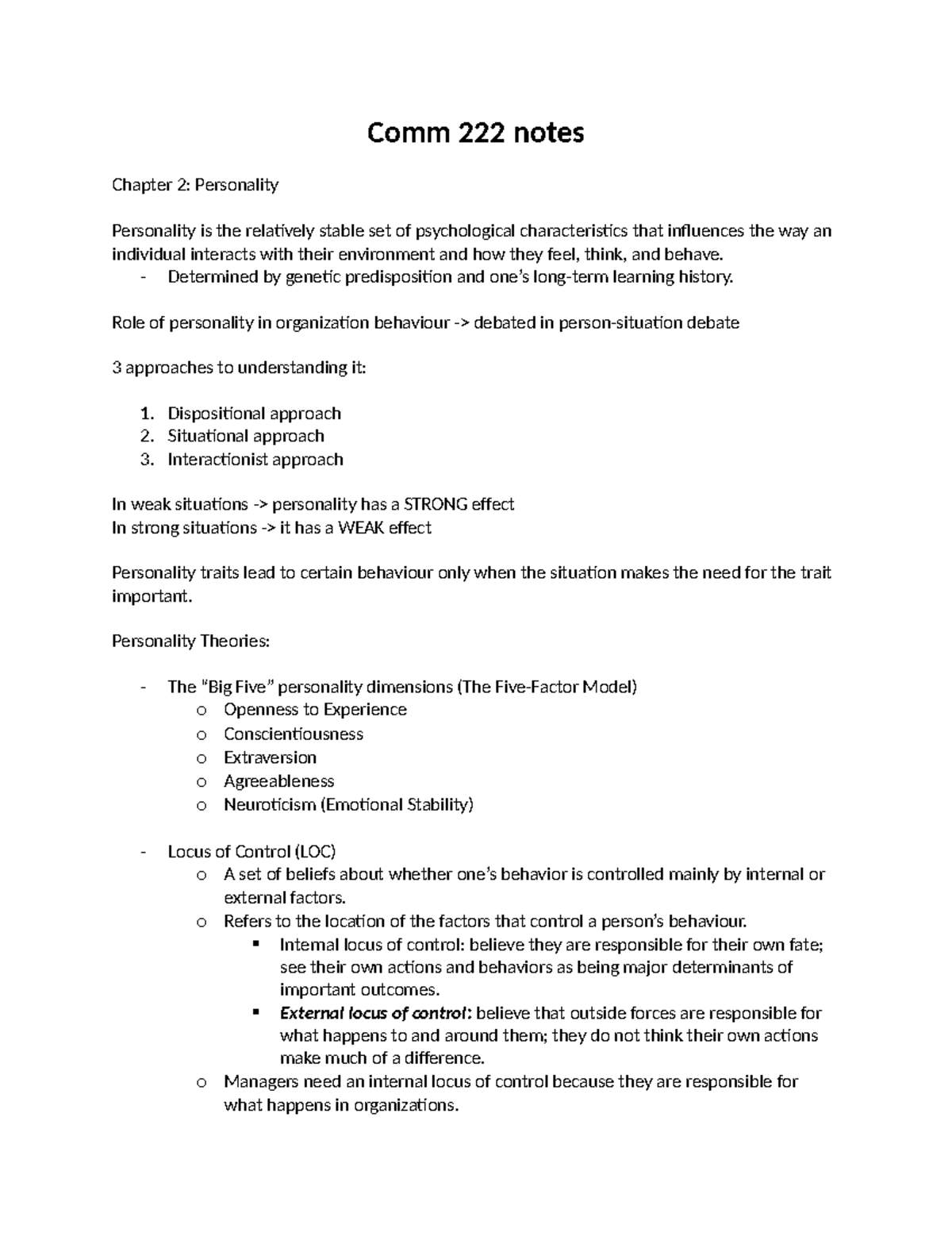 Comm 222 notes - Comm 222 notes Chapter 2: Personality Personality is ...