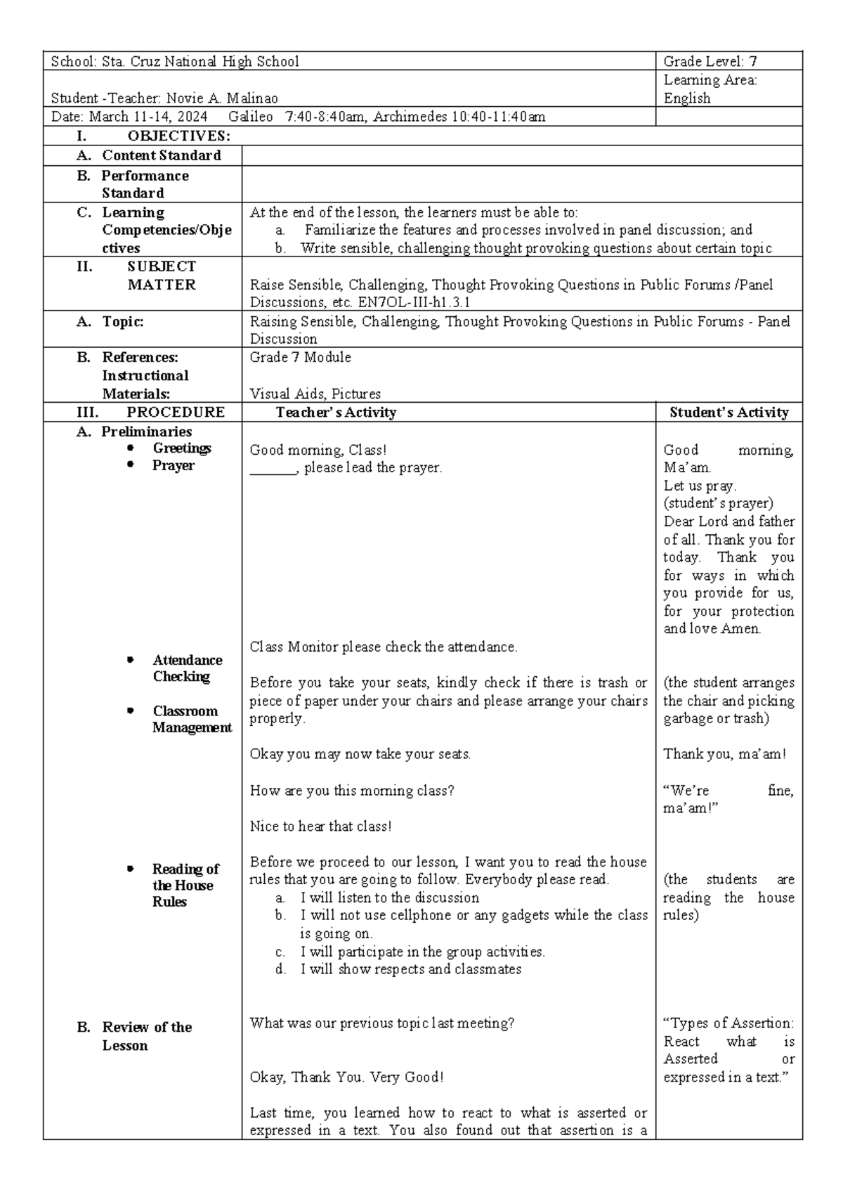 Panel Discussion DLP - Detailed lesson plan - School: Sta. Cruz ...