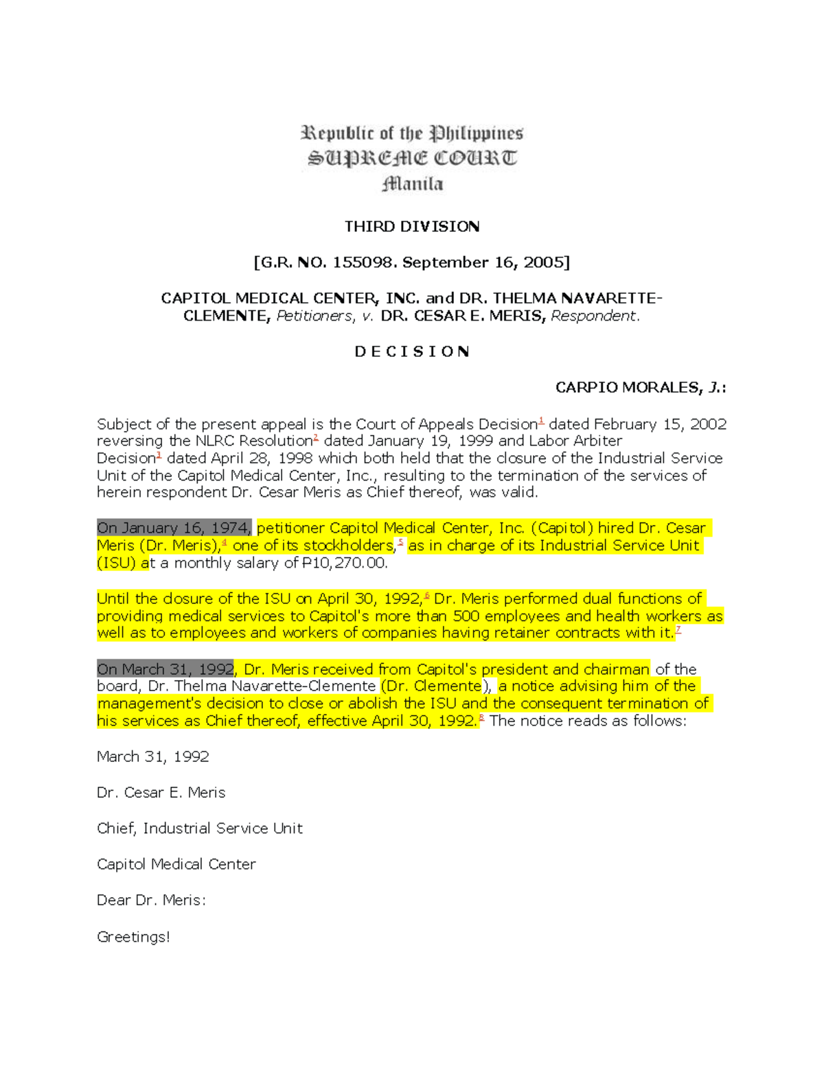 1) Capitol Medical Center vs. Meris, 470 SCRA 125 [2005 ] - THIRD ...