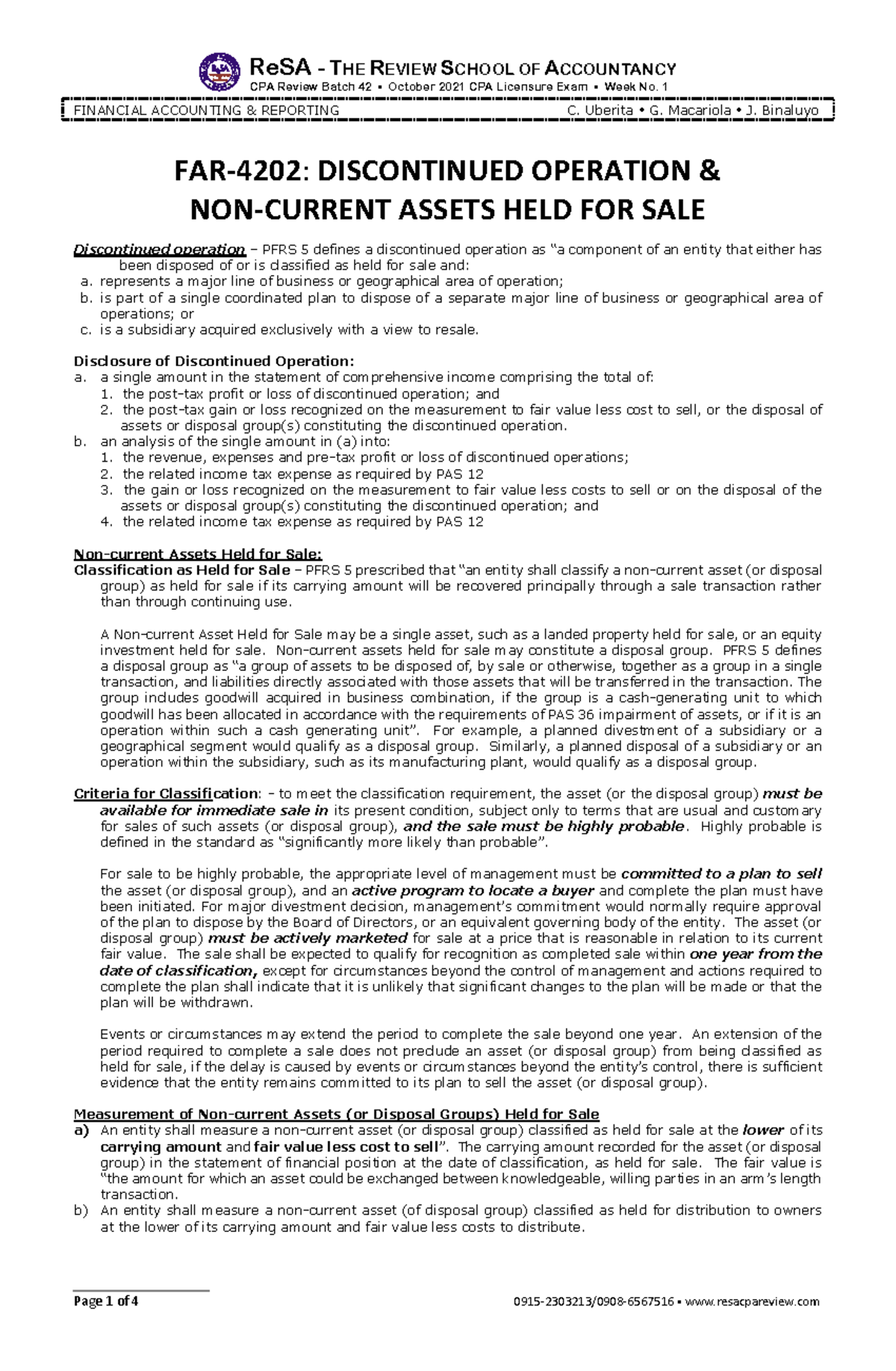 FAR 4202 Discontinued Operation NCA Held for Sale - ReSA - THE REVIEW SCHOOL OF ACCOUNTANCY CPA ...