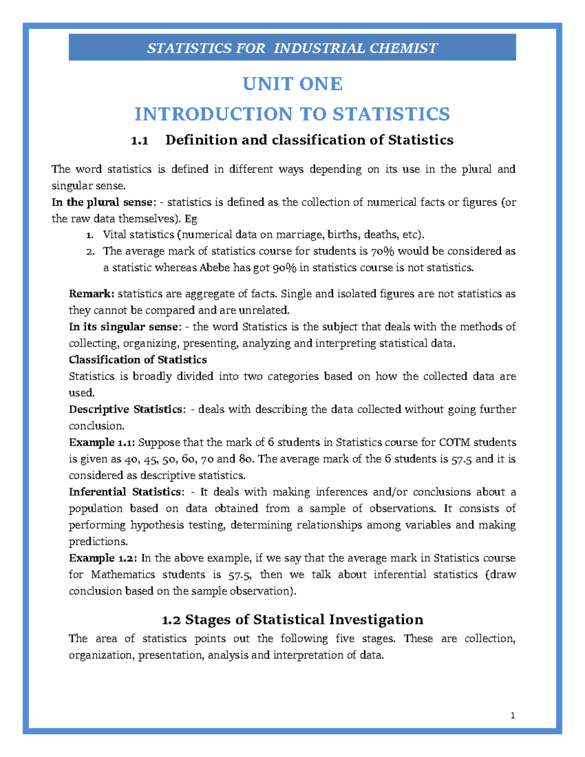 Chapter 1 up to 4 revised - UNIT ONE INTRODUCTION TO STATISTICS 1 ...
