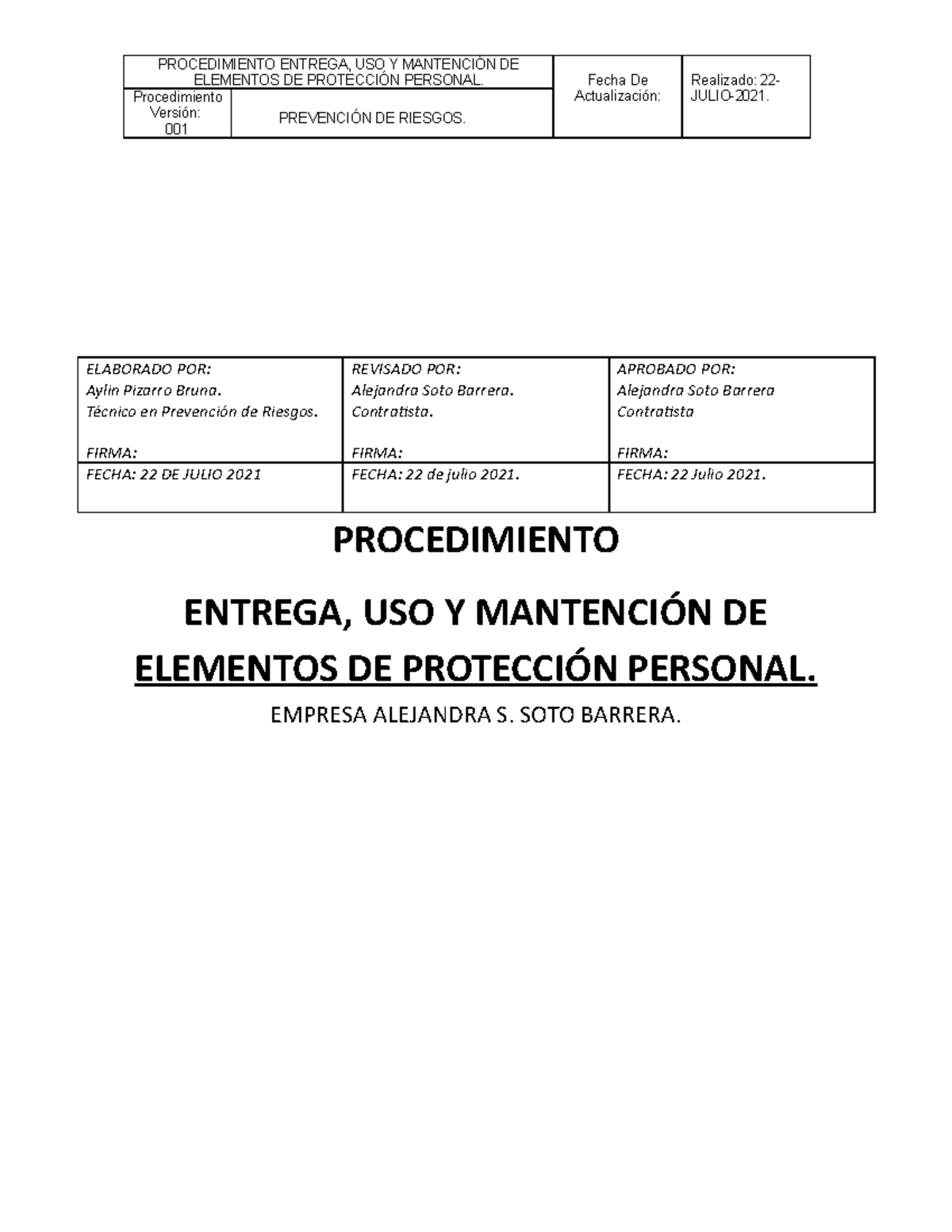 PTS USO Entrega Y Mantencion EPP - ELEMENTOS DE PROTECCIÓN PERSONAL. Fecha De Actualización ...