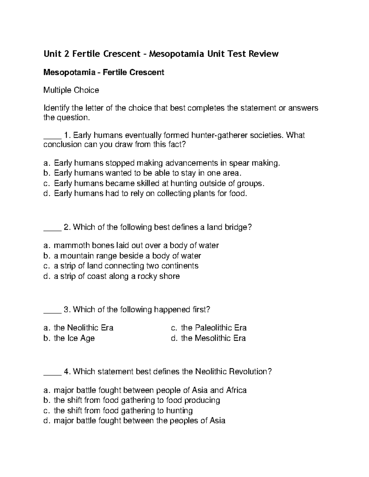 Unit 2 Test Review Mesopotamia - Unit 2 Fertile Crescent – Mesopotamia ...