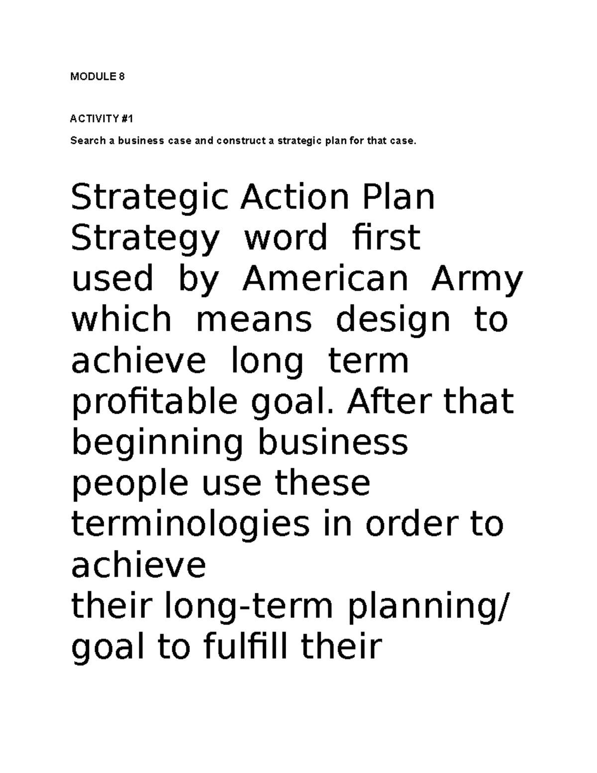 Module 8 - Strategic Business Plan in Human Behavior in Organization ...