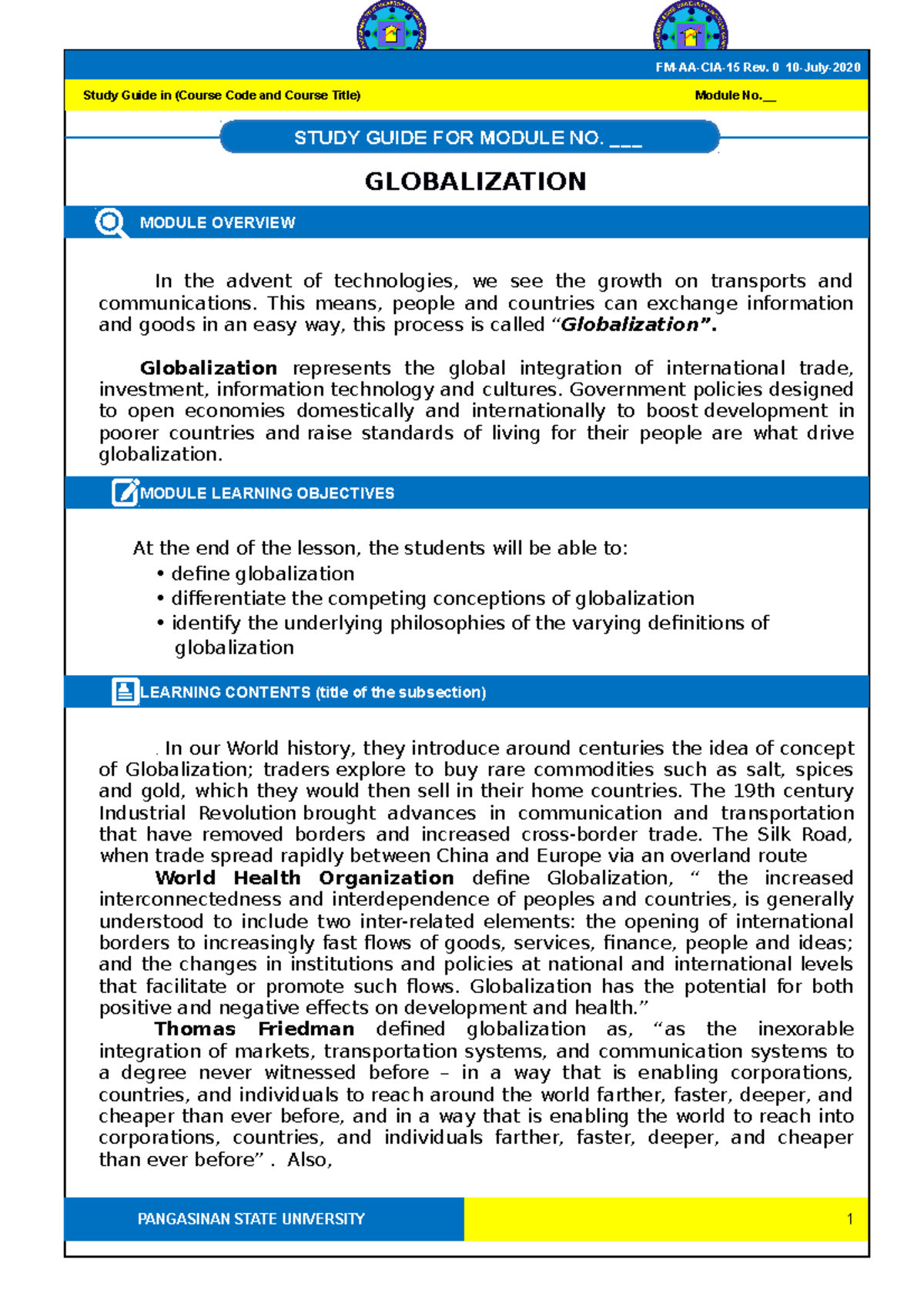 GE5-M1 - GE5-M1 - GLOBALIZATION MODULE OVERVIEW In the advent of technologies, we see the growth ...