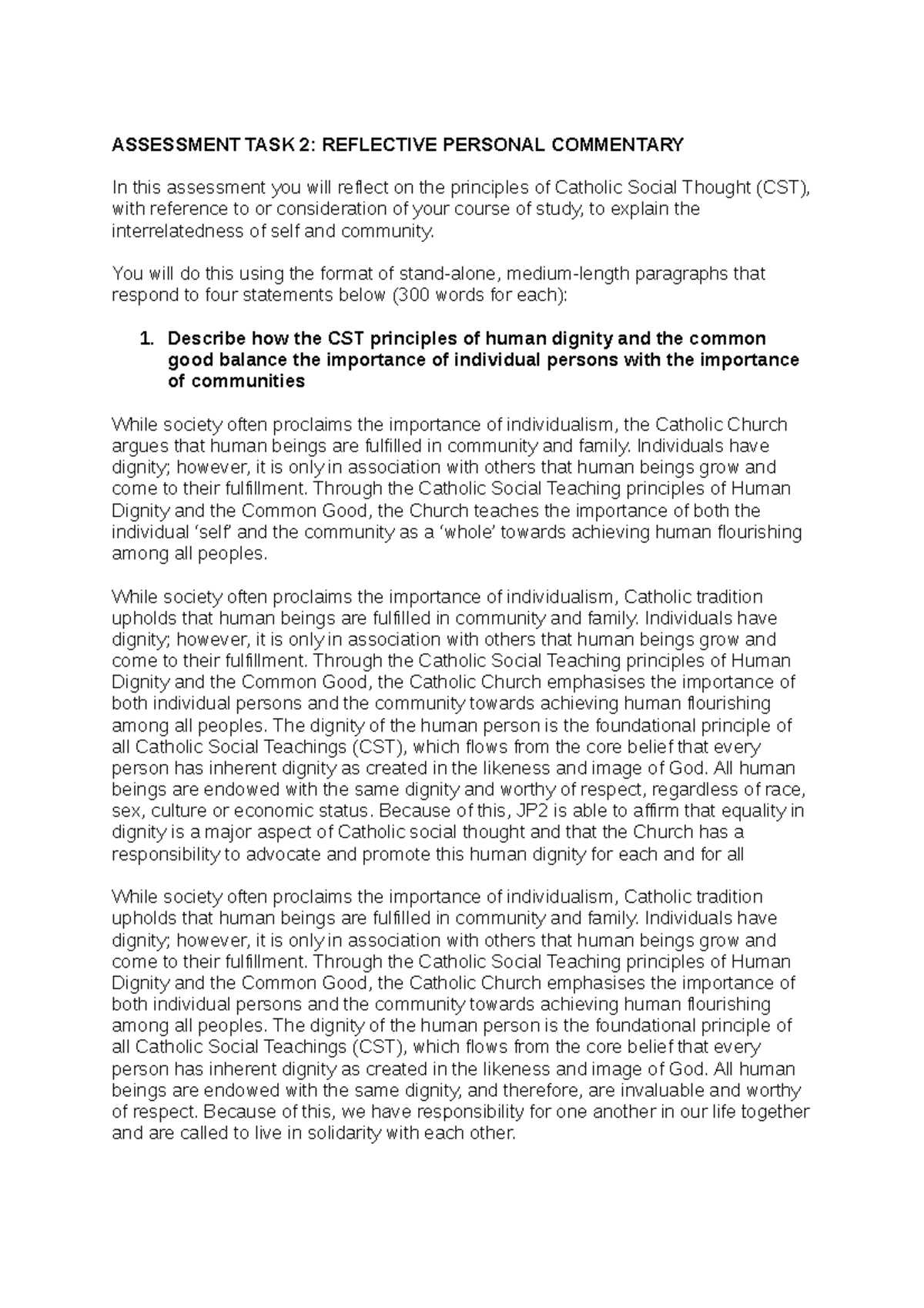 Assessment TASK 2 - ASSESSMENT TASK 2: REFLECTIVE PERSONAL COMMENTARY ...