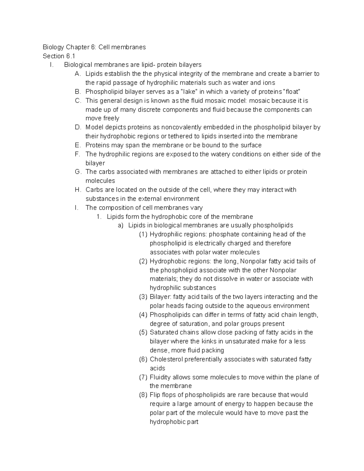 Bio ch 6 - Professor McGreevy - Biology Chapter 6: Cell membranes ...