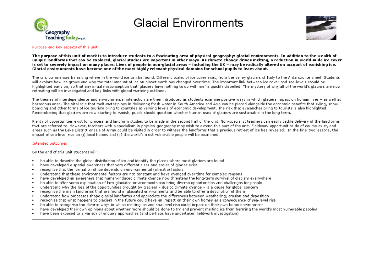 KS3 Glaciation Moduleoverview - Glacial Environments Purpose and key ...