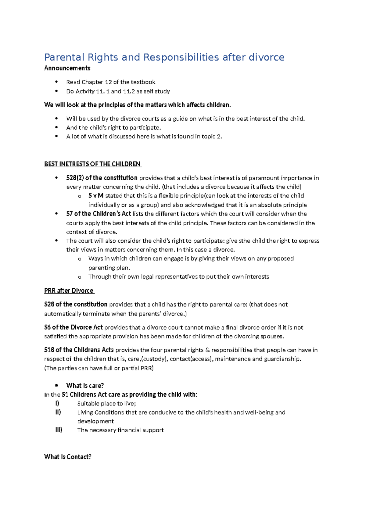 Parental Rights and Responsibilities after Divorce Notes - Parental ...