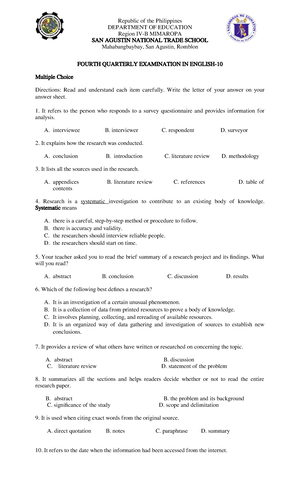 TOS-4TH Quarter - Sample periodic test and TOS in English 10 - Republic ...