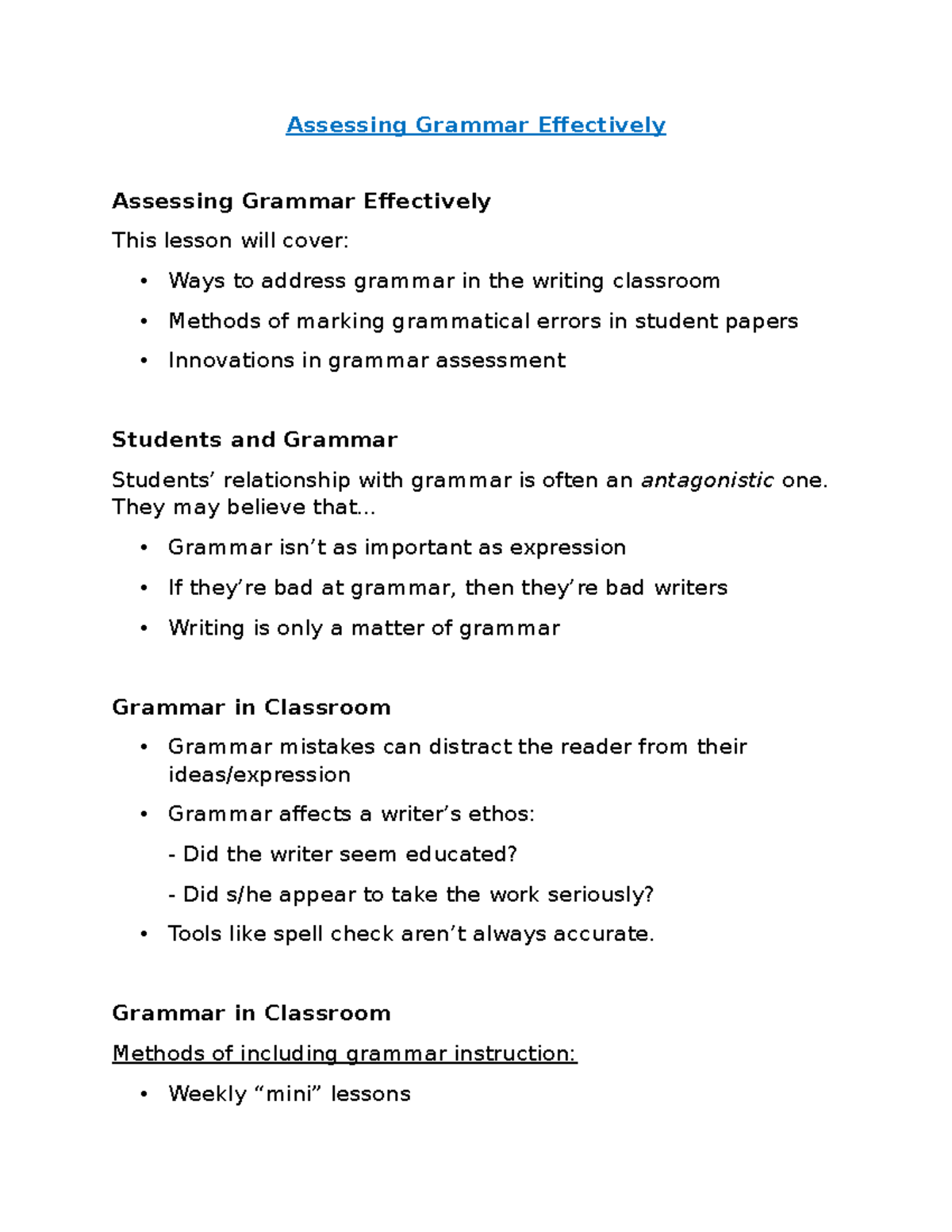 Teaching and Assessment of Grammar Assessing Grammar Effectively