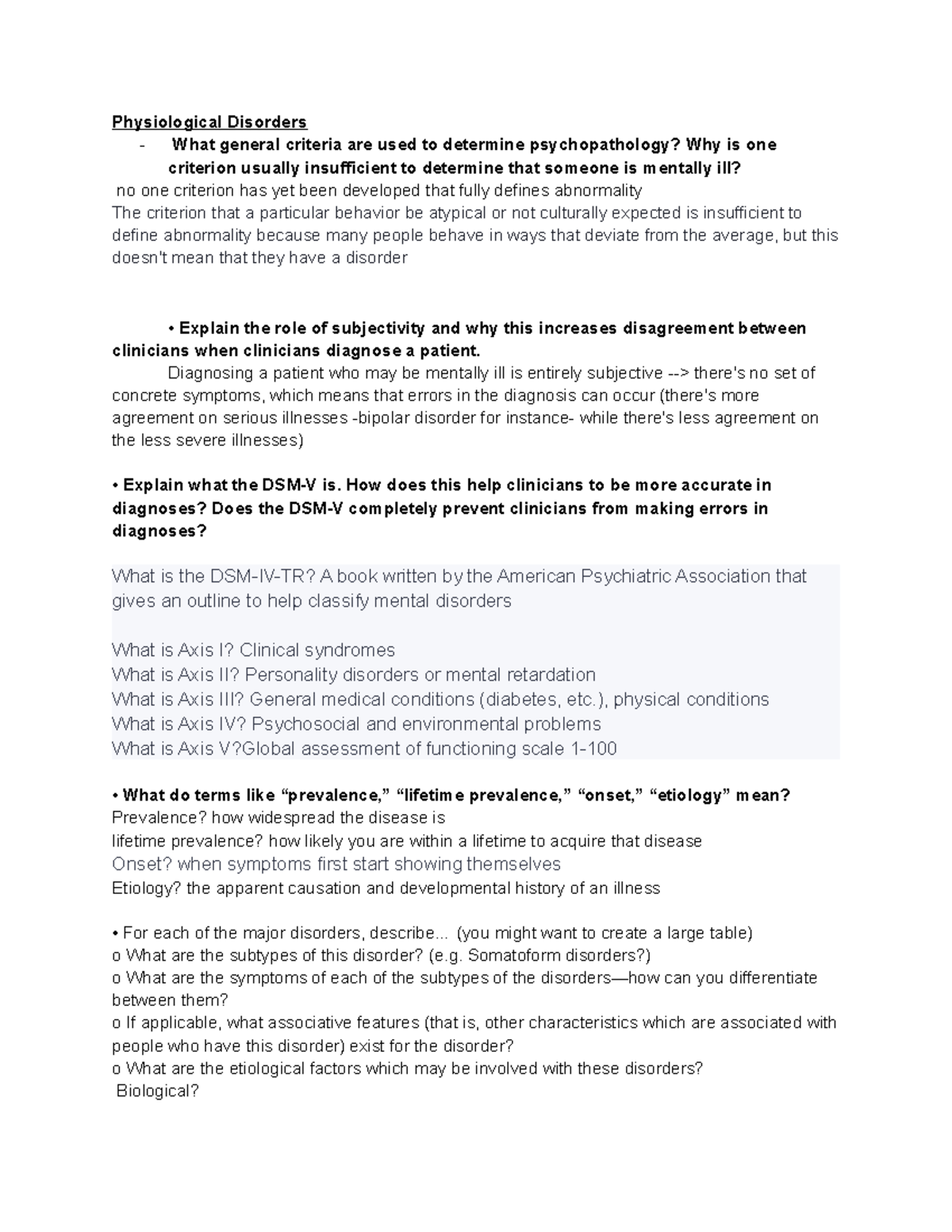 final exam prep notes - Physiological Disorders - What general criteria ...