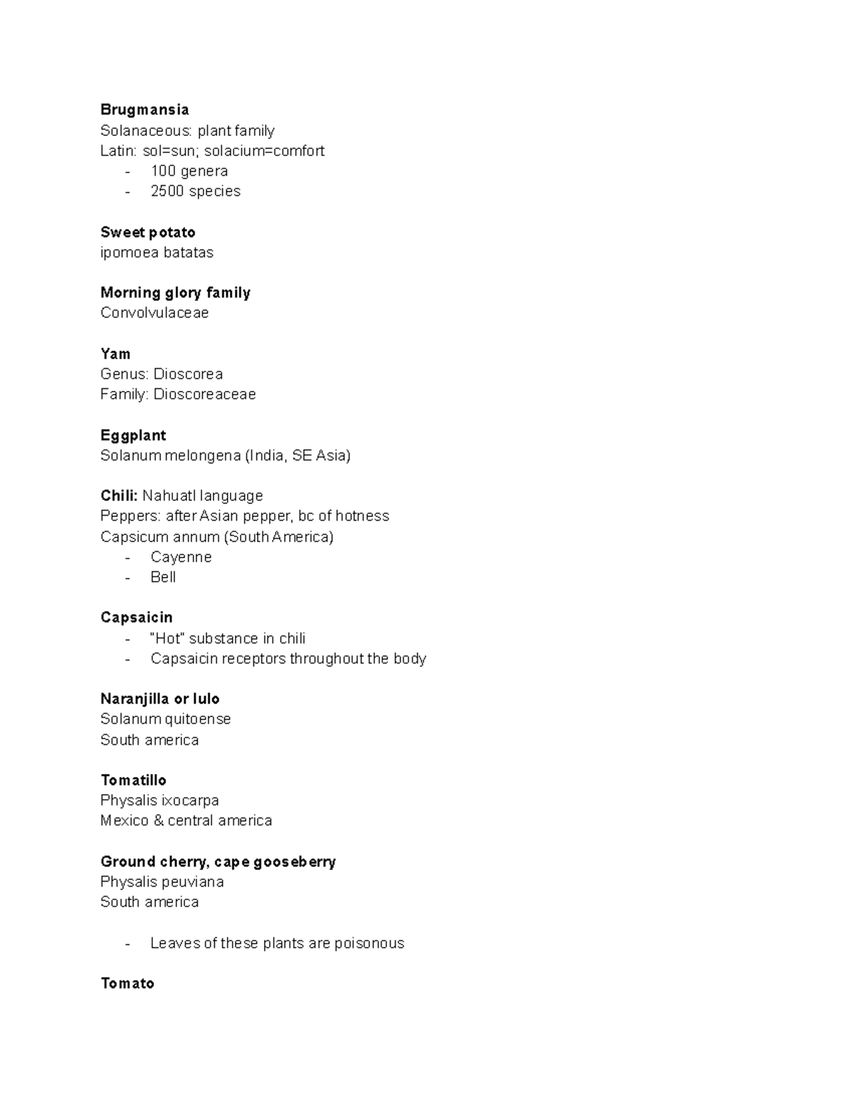 Lecture 4 notes - Brugmansia Solanaceous: plant family Latin: sol=sun ...