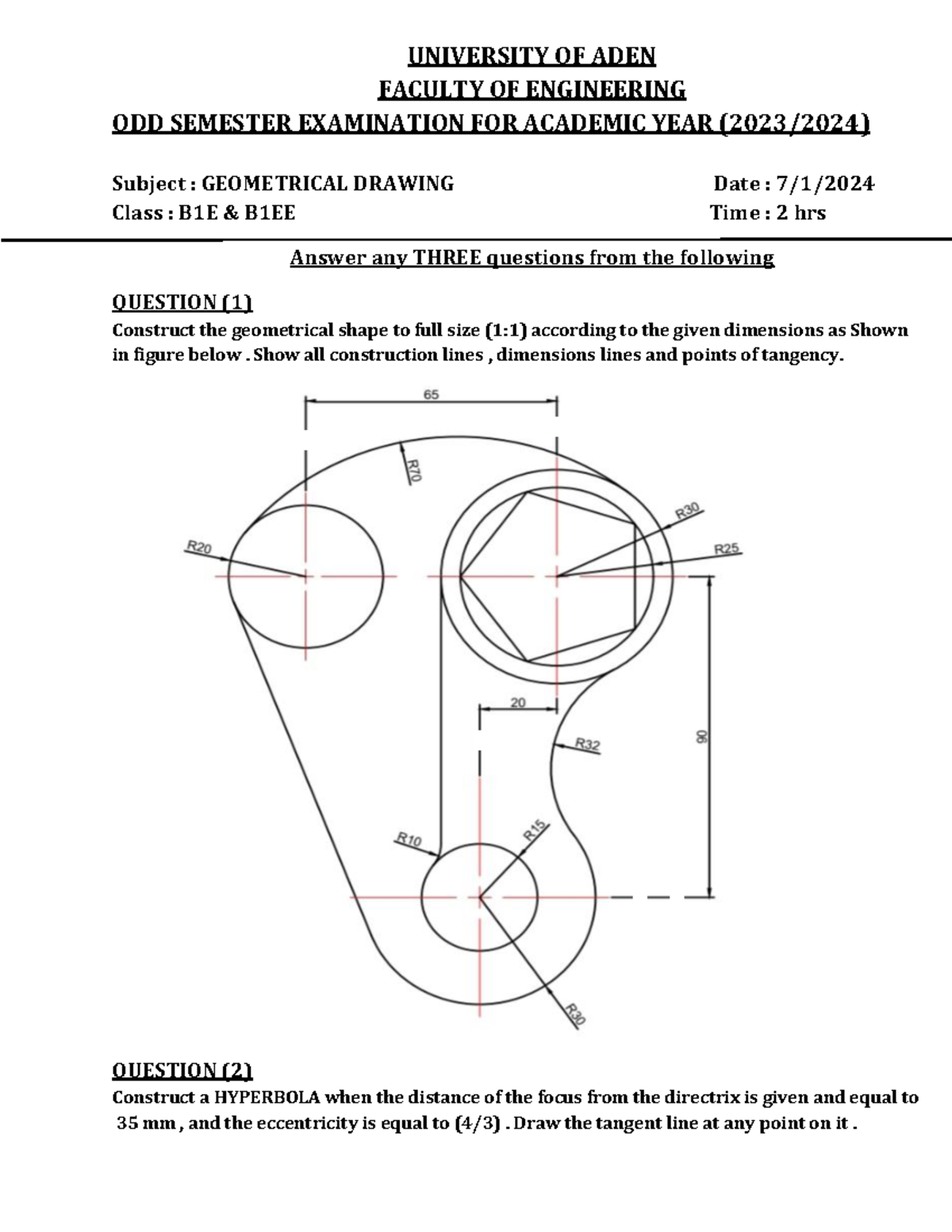 B1E - drawing - UNIVERSITY OF ADEN FACULTY OF ENGINEERING ODD SEMESTER ...