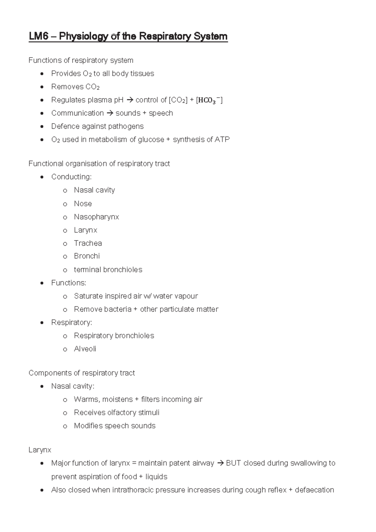 Lecture Notes Physiology Of The Respiratory System LM 6 Physiology