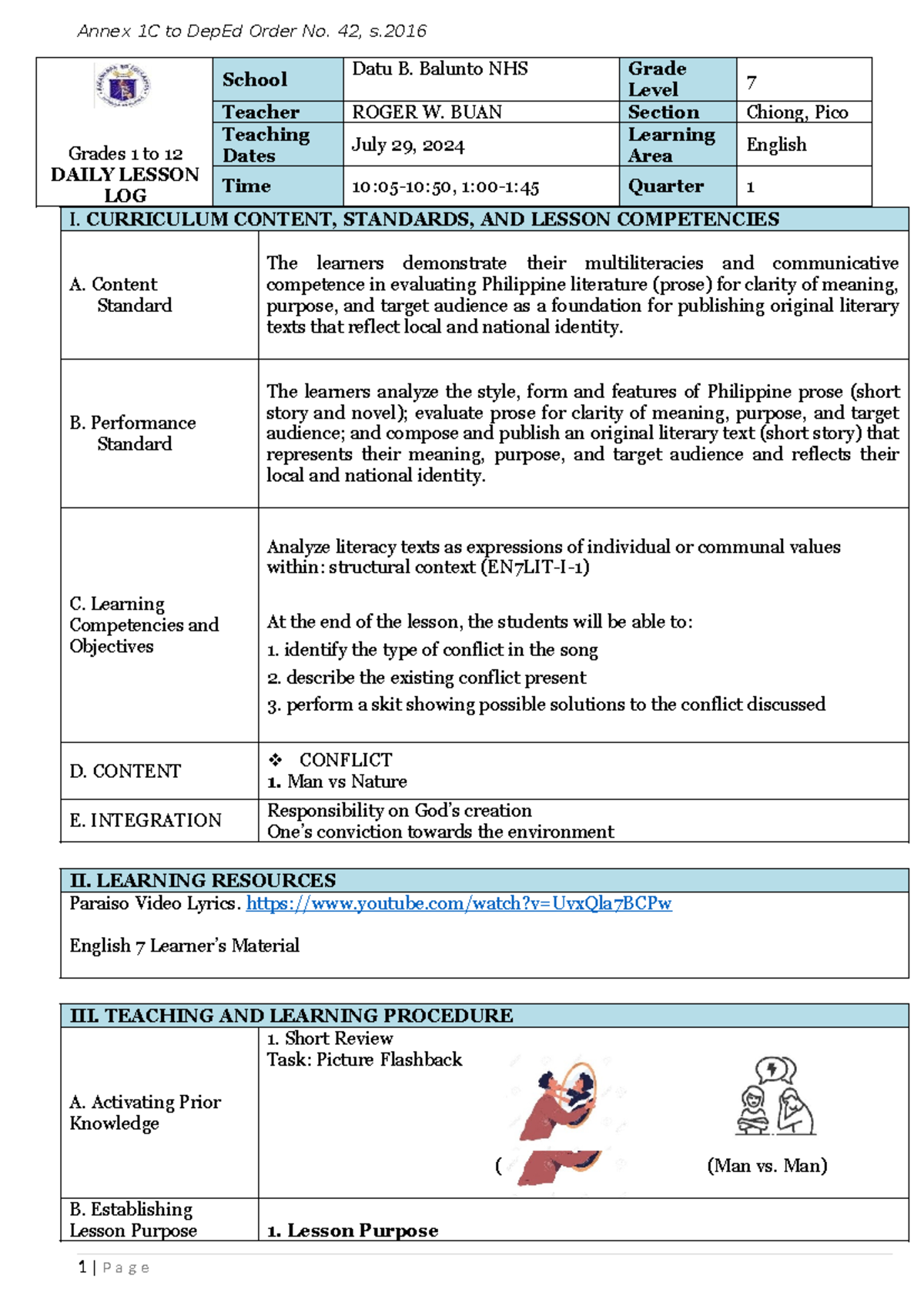 Conflict Lesson Plan - I. CURRICULUM CONTENT, STANDARDS, AND LESSON ...