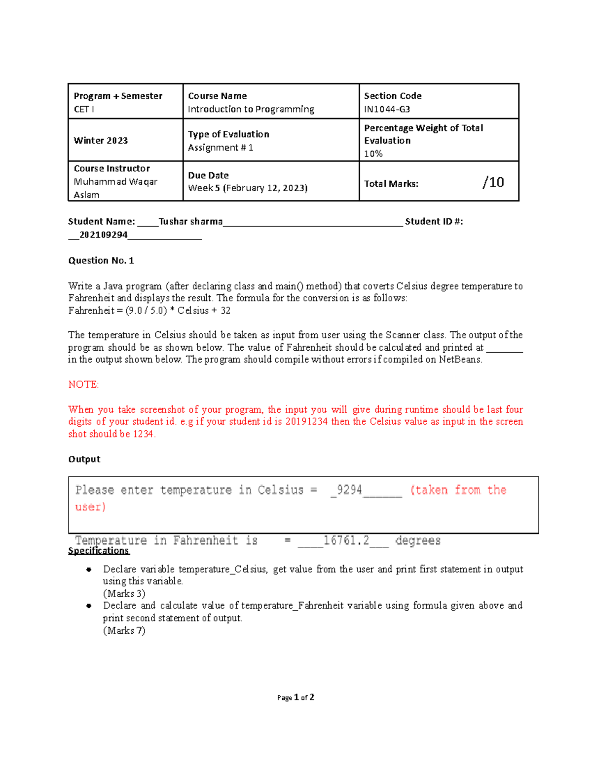 T2 - notes - Program + Semester CET I Course Name Introduction to ...
