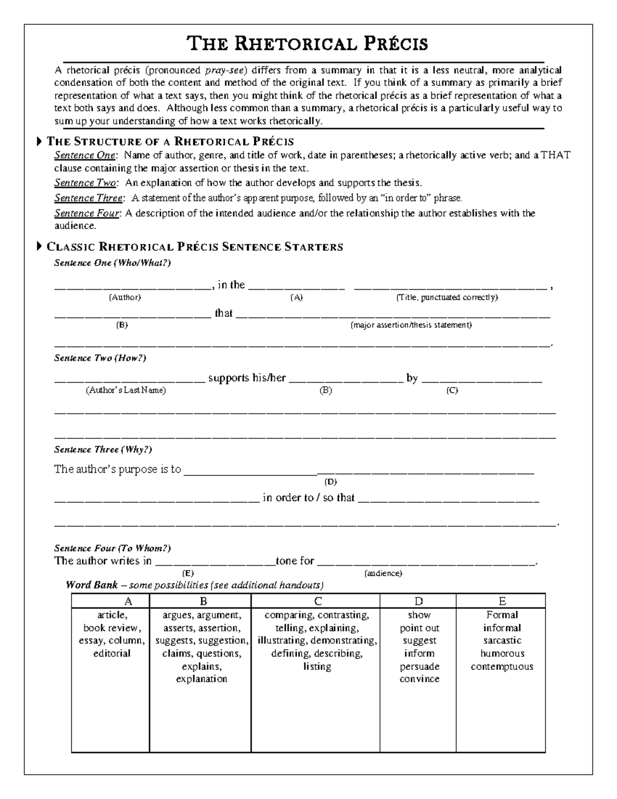 Rhetorical Precis Master (1) - THE RHETORICAL PRÉCIS A rhetorical ...