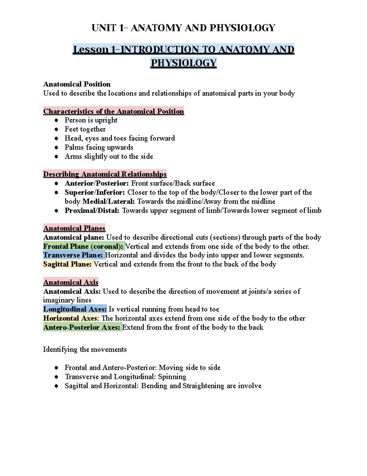Combinepdf - Some notes - UNIT 1- ANATOMY AND PHYSIOLOGY Lesson 1 ...