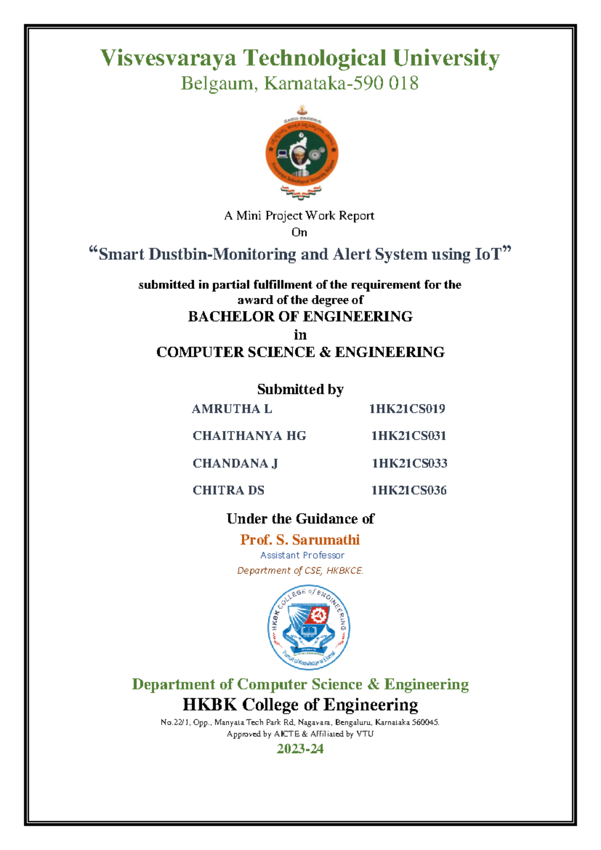 Smart dustbin report - Visvesvaraya Technological University Belgaum ...