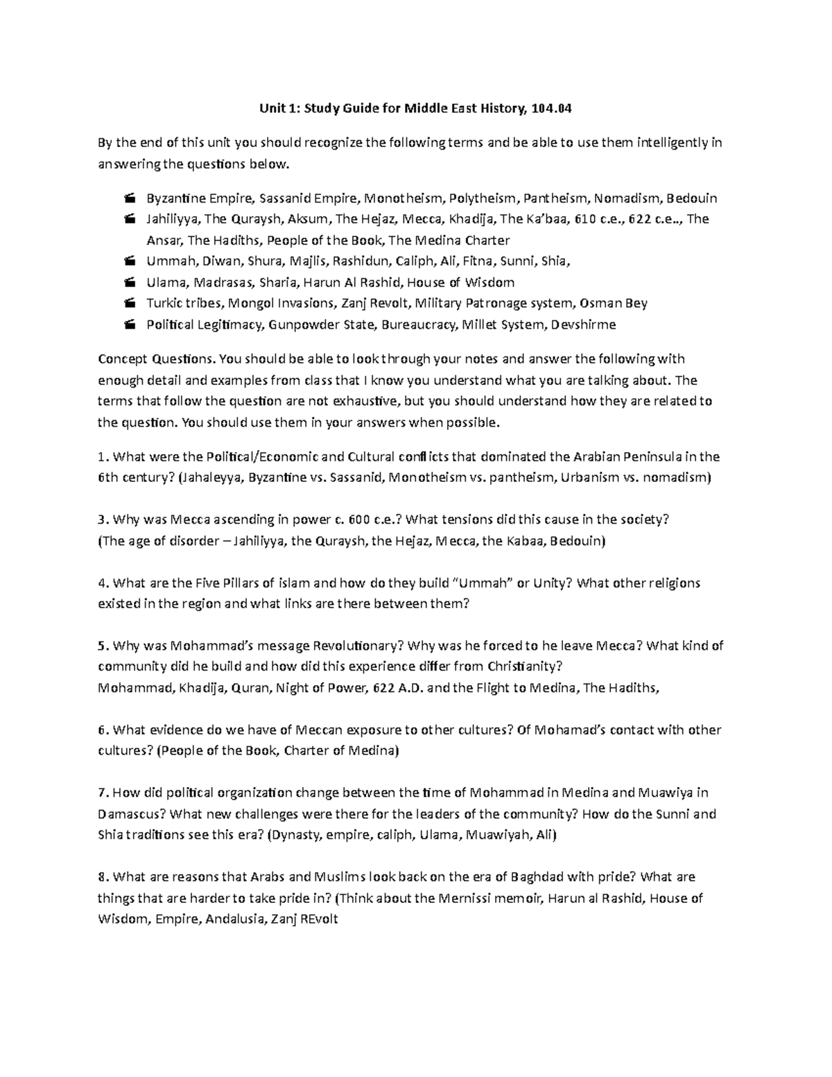Unit 1 studyguide fall 2022 - Unit 1: Study Guide for Middle East ...