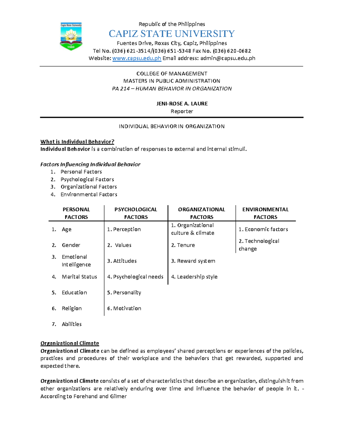 Handouts in PA 214-Individual Behavior in Organization - CAPIZ STATE ...