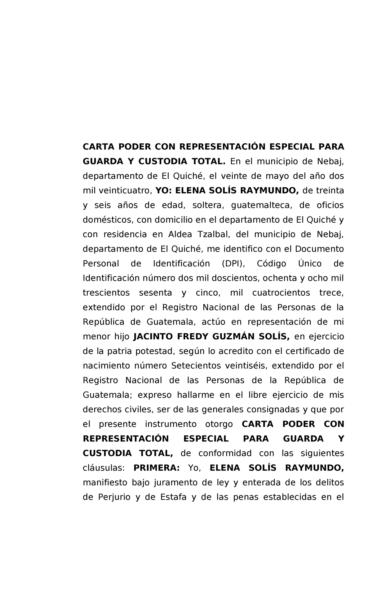 Carta Poder Con Representación Especial Para Guarda Y Custodia Total DE ...
