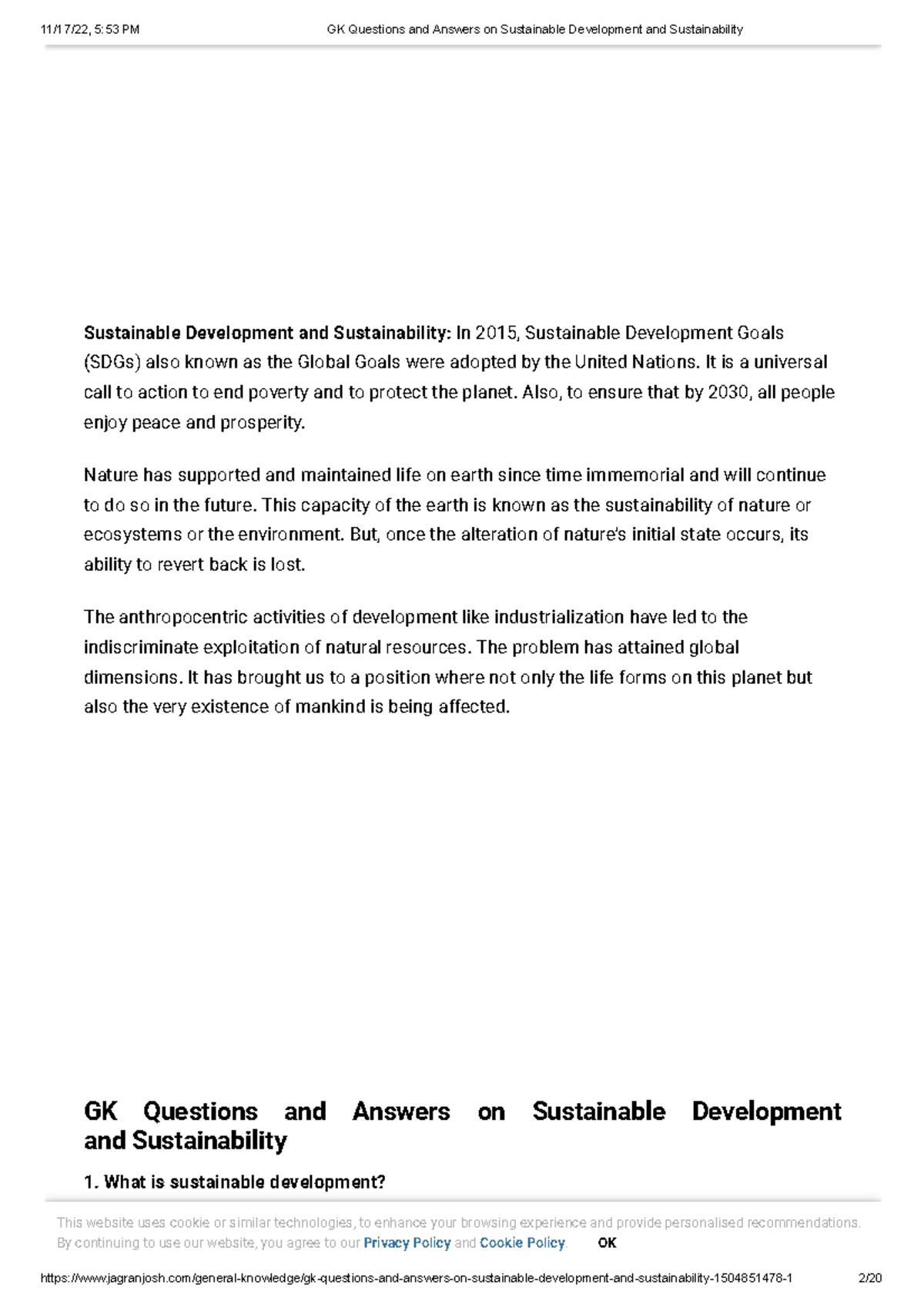 GK Questions and Answers on Sustainable Development and Sustainability ...