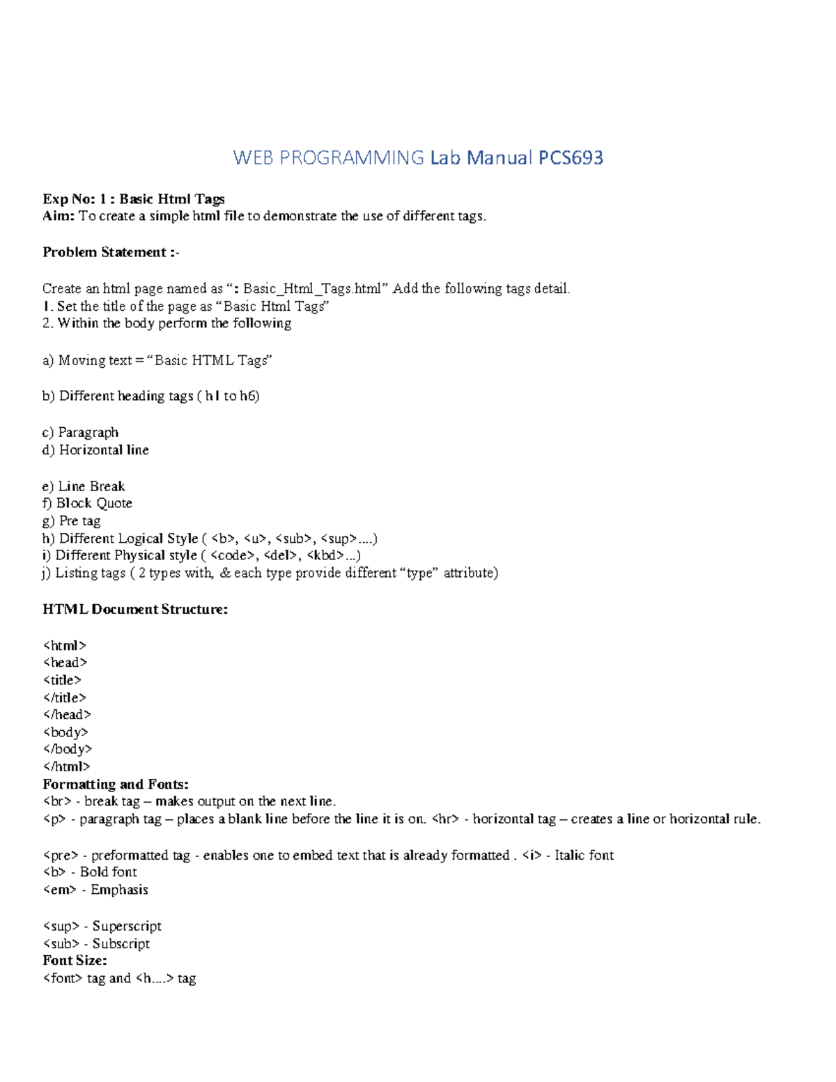 WEB Programming Lab Manual 26 May - WEB PROGRAMMING Lab Manual PCS ####### Exp No: 1 : Basic ...