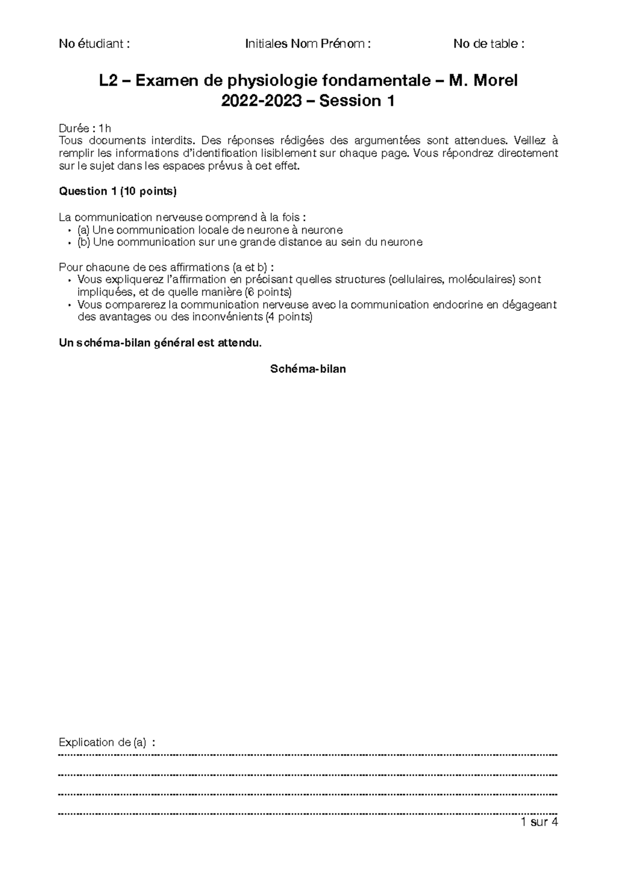 Annales 2022-2023 L2 Physio fondamentale - L2 – Examen de physiologie fondamentale – M. Morel ...
