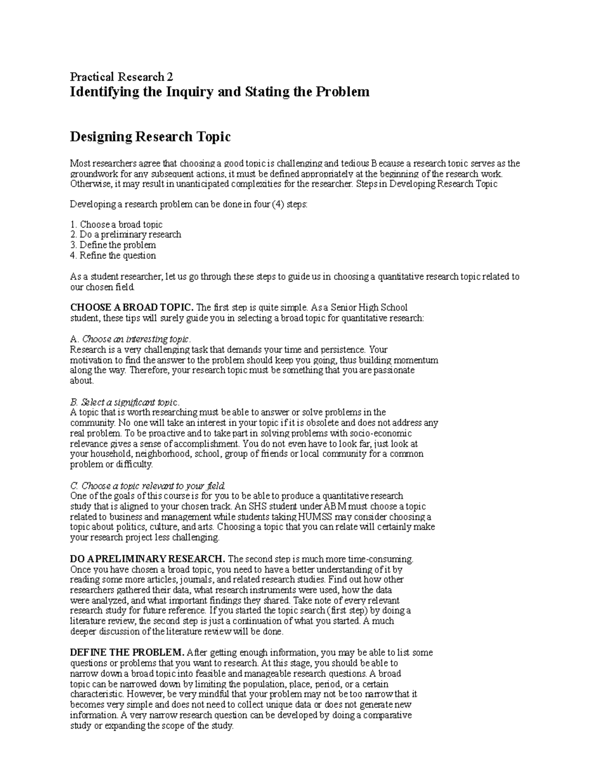 Practical Research 2Lesson 2 - Practical Research 2 Identifying the ...