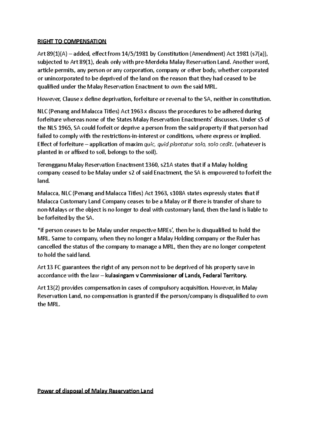 Right TO Compensation - Summary Principles of Malaysian Land Law ...