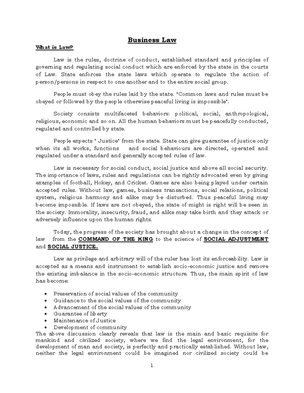 Unit-1-1 - Notes - Business Law What is Law? Law is the rules, doctrine ...