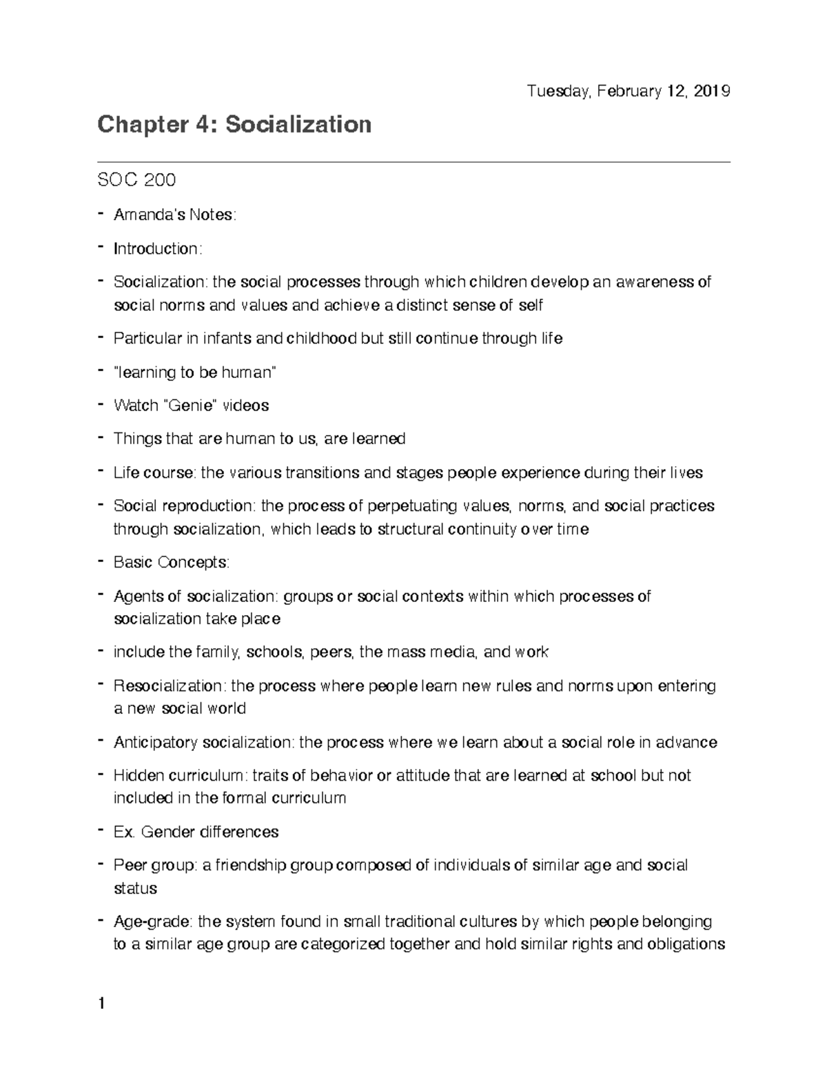 Chapter 4 (Sociology) - Chapter 4: Socialization SOC 200 - Amanda’s ...