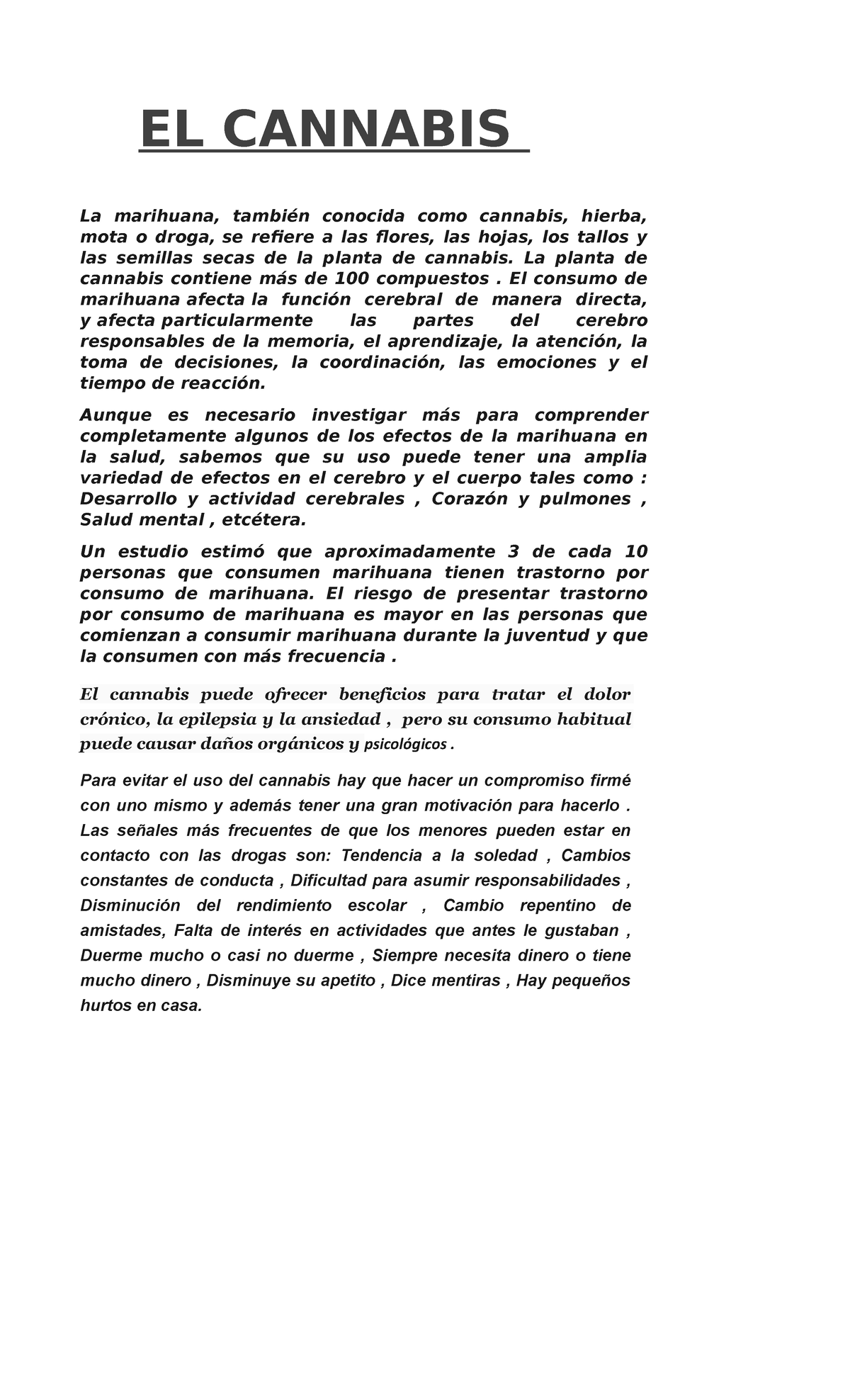 Cannabis - Documentos de física - EL CANNABIS La marihuana, también ...