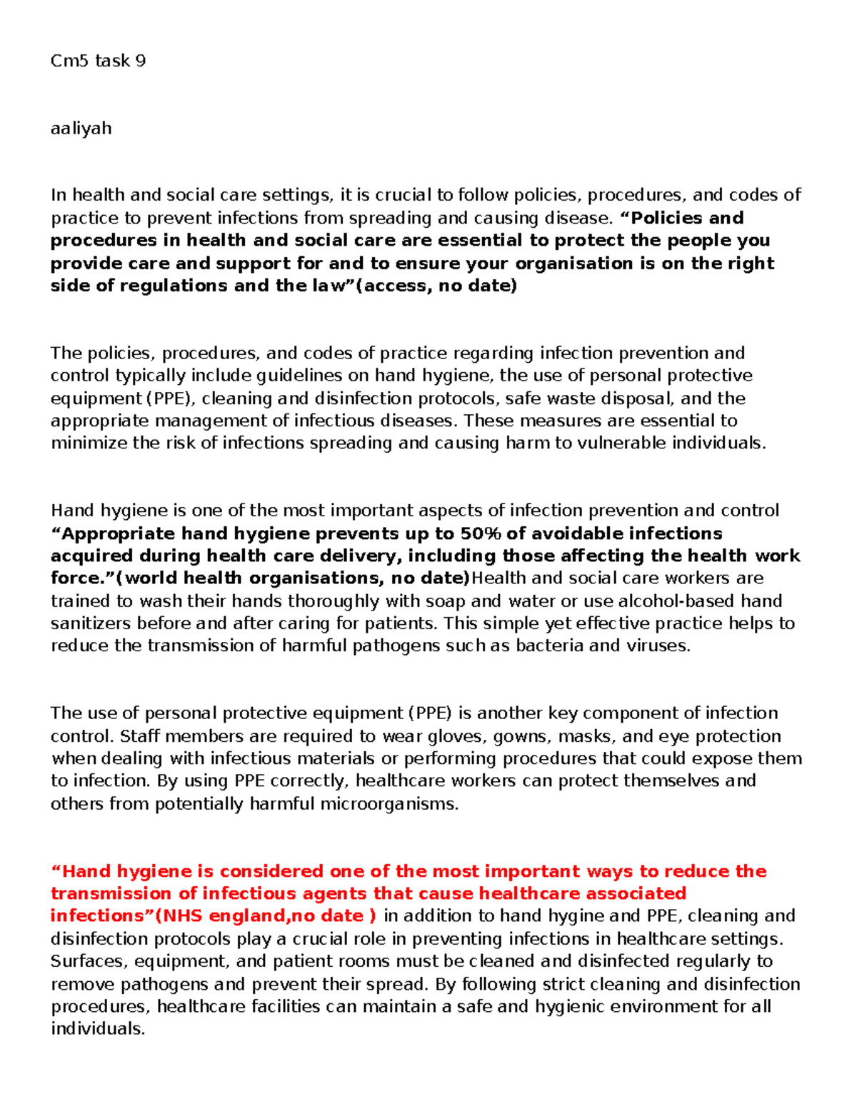 Task 9 n - Cm5 task 7 8 and 9 Full assignment lay out - Cm5 task 9 aaliyah In health and social ...