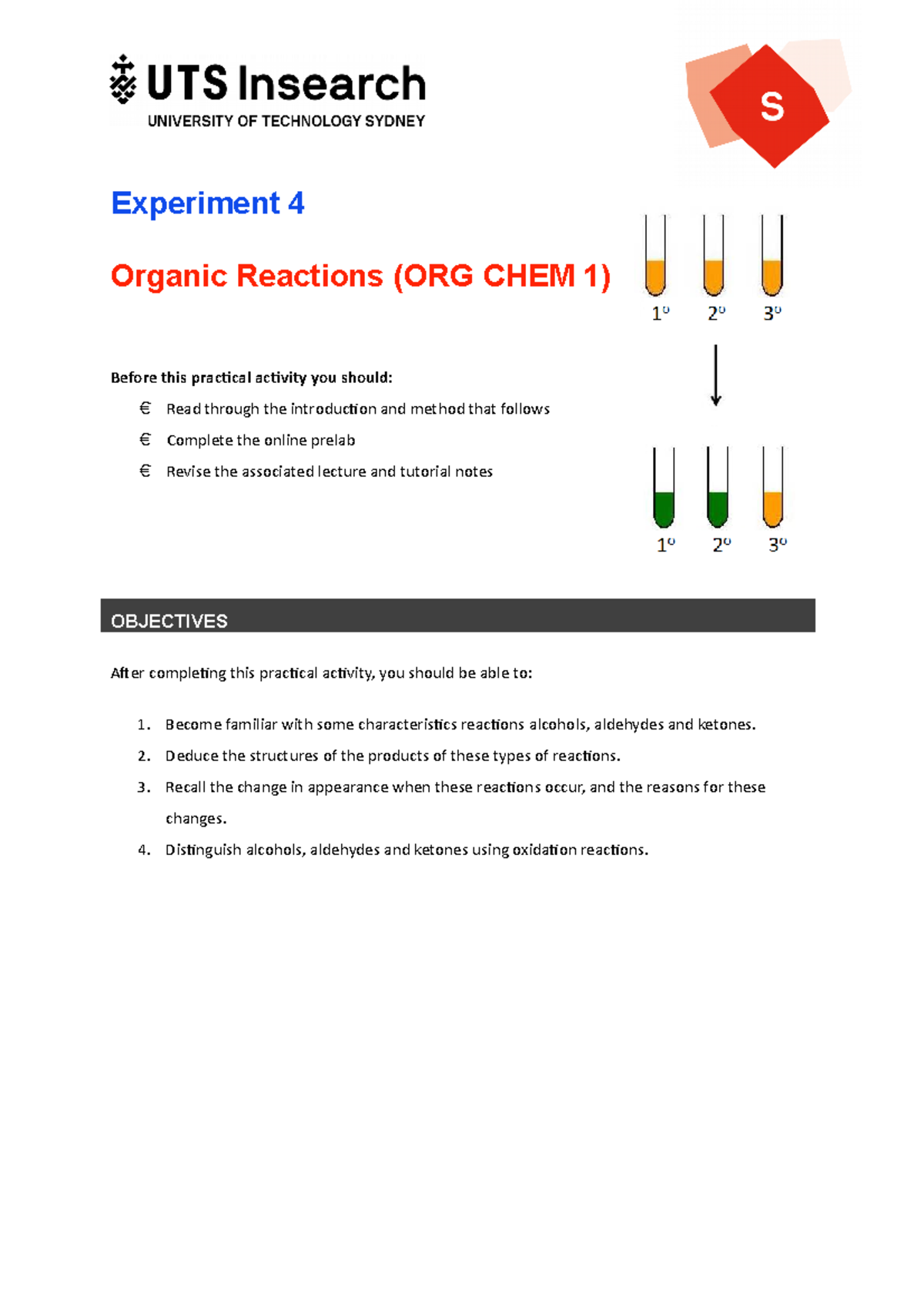 Experiment 4. Organic Reactions Prac Notes (remote delivery ...