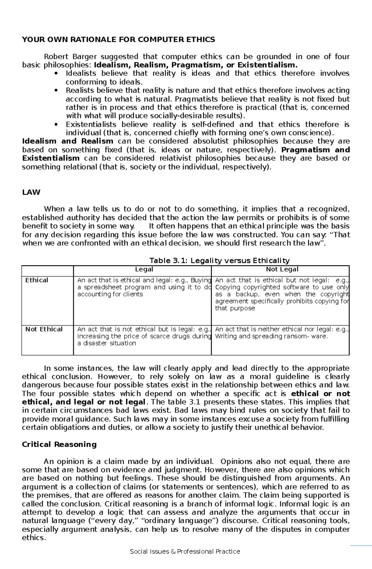 Social Issues and Professional Practice Lesson 1 - YOUR OWN RATIONALE ...