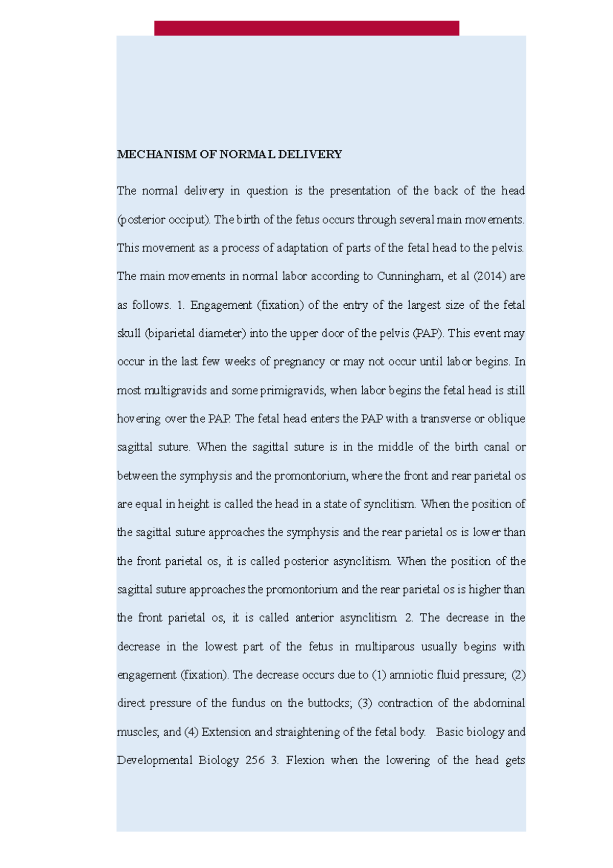 Notes Biology - Mechanism OF Normal Delivery - MECHANISM OF NORMAL ...
