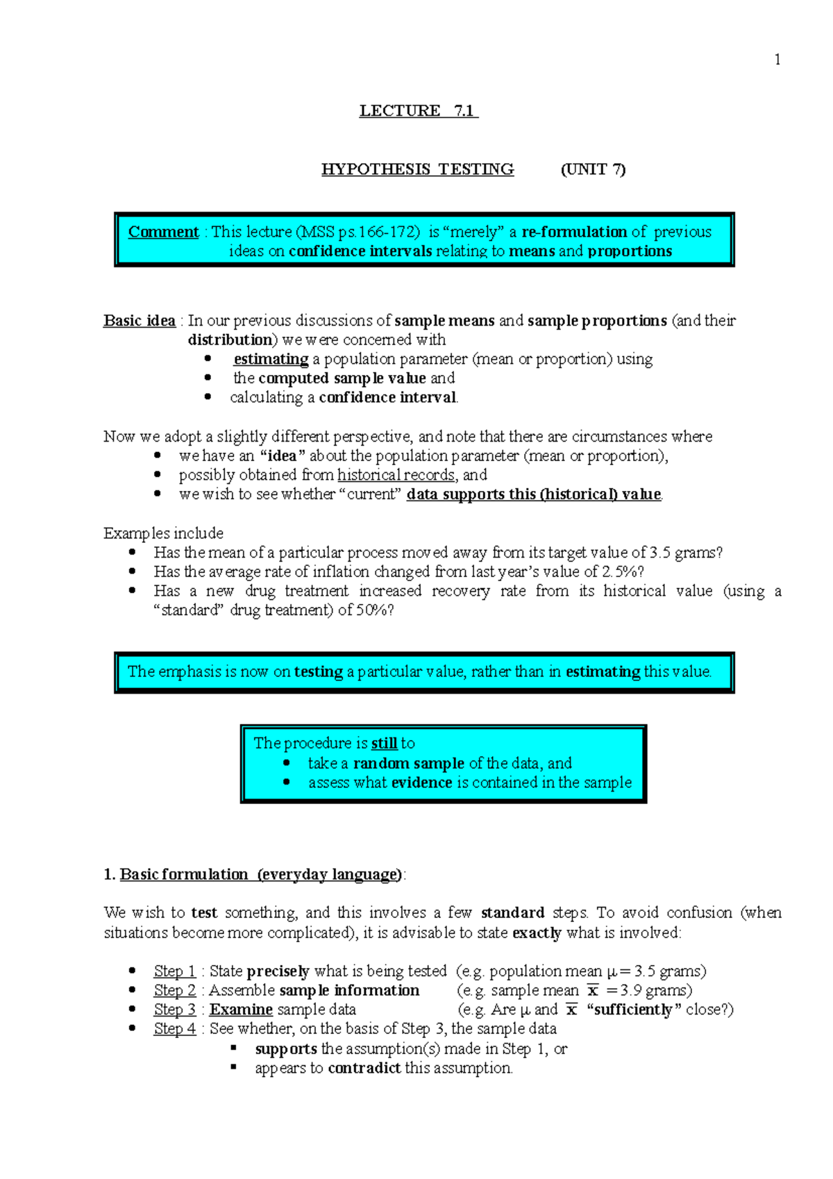Stat7 1 - Lecture 2 - LECTURE 7. HYPOTHESIS TESTING (UNIT 7) Basic idea ...