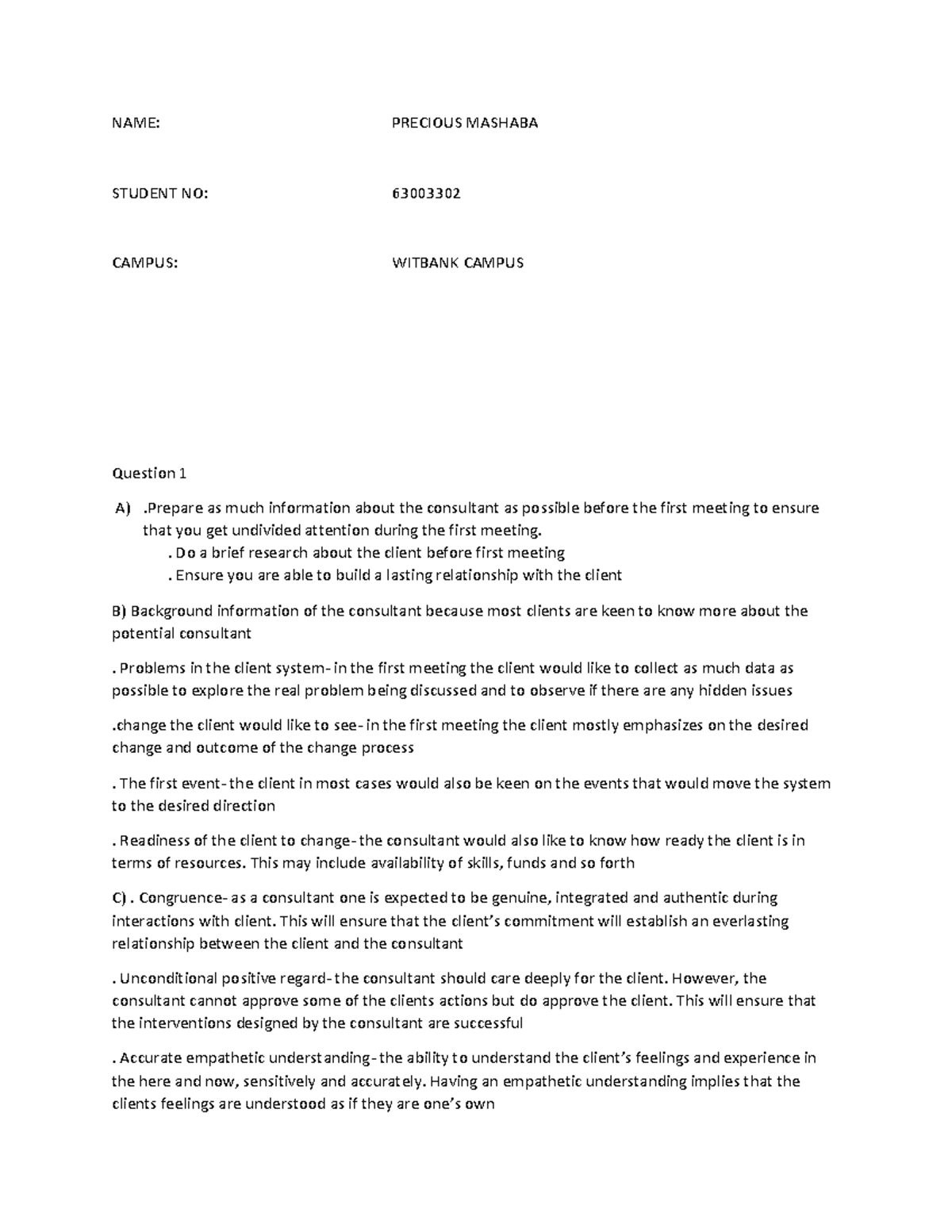 Hr exam - hgyui jiook hhh - NAME: PRECIOUS MASHABA STUDENT NO: 63003302 ...