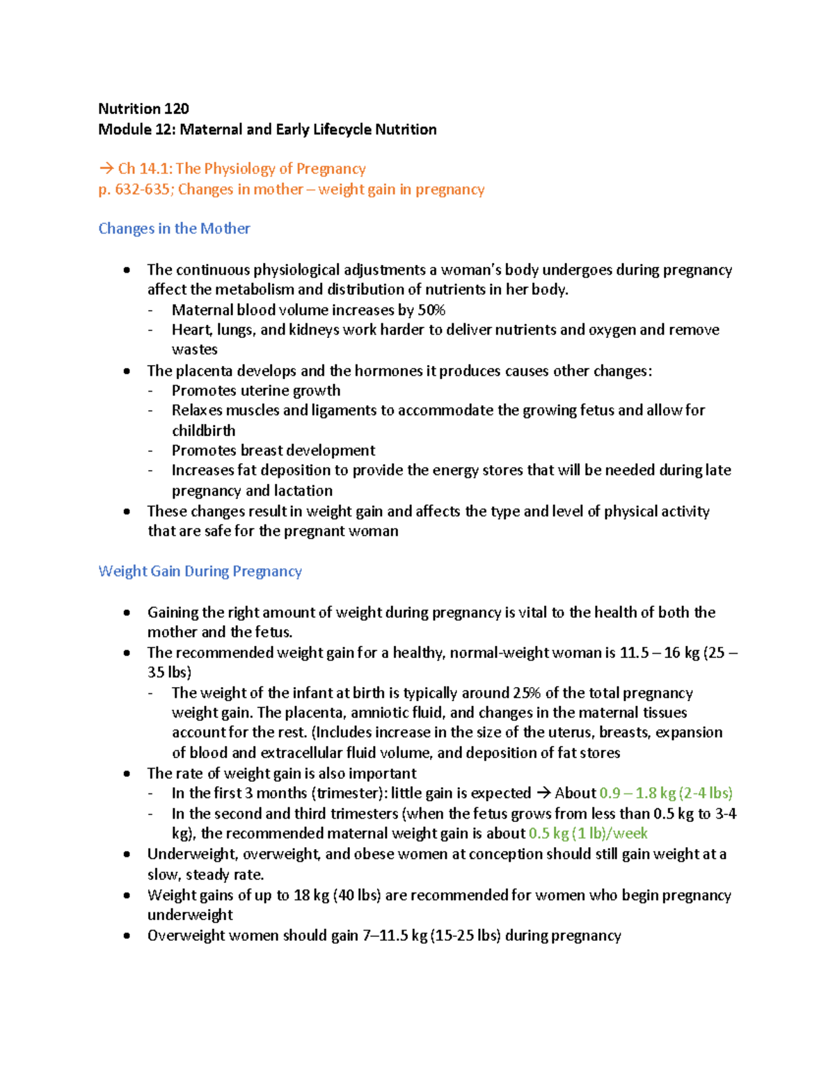 Nutrition Module 12 Textbook Notes - Nutrition 120 Module 12: Maternal ...
