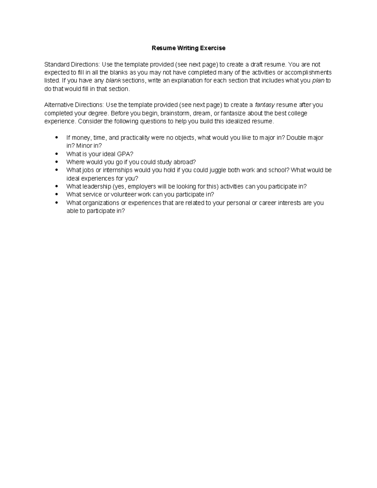 Resume Writing Exercise - Resume Writing Exercise Standard Directions ...