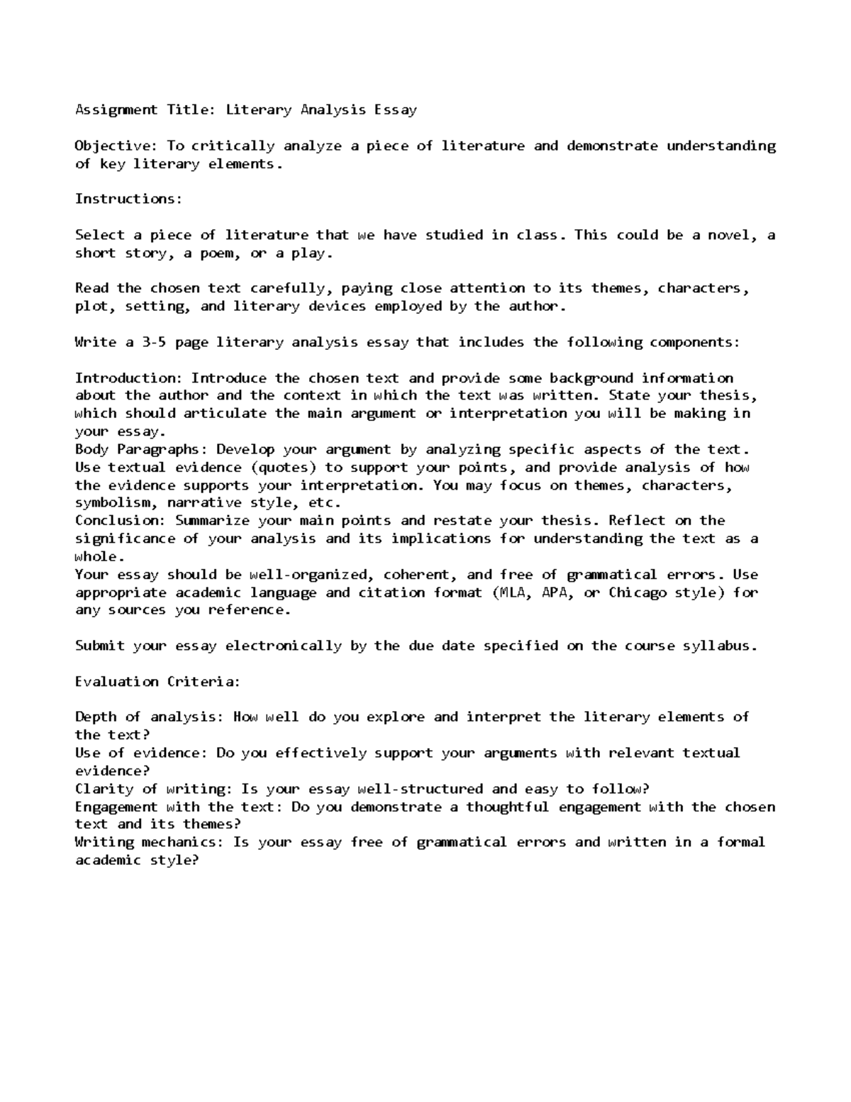 Assignment - Instructions: Select a piece of literature that we have ...