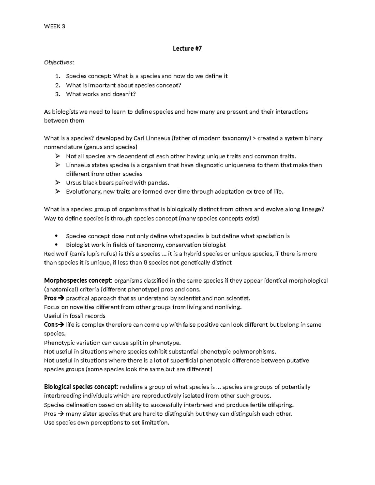 BI111 Week3 - Bio Lecture notes - Lecture # Objectives: Species concept ...